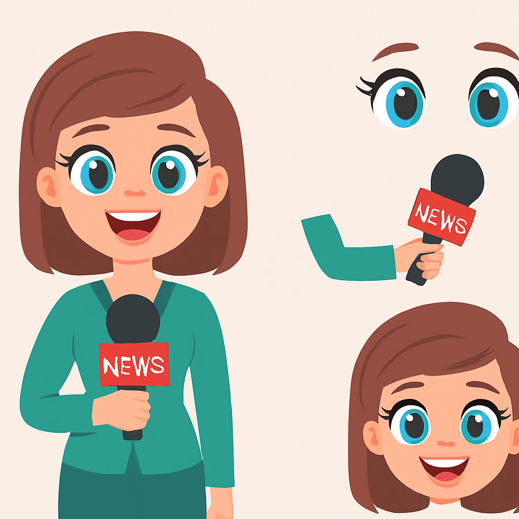 A cartoon model sheet featuring a human character of a female news ...