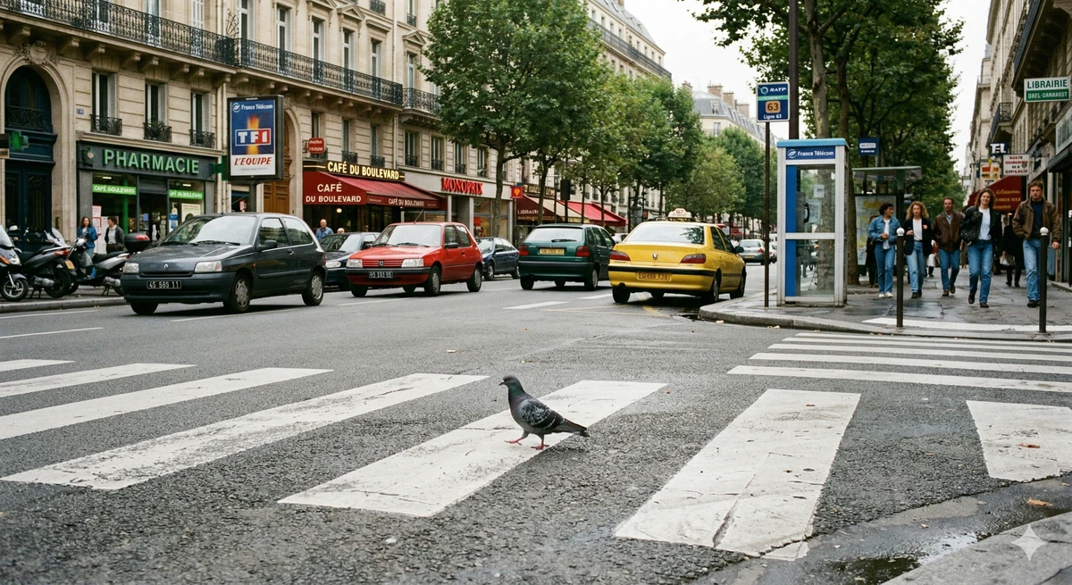 A city pigeon crosses the boulevard used in France (1995) (Un pigeon de ...