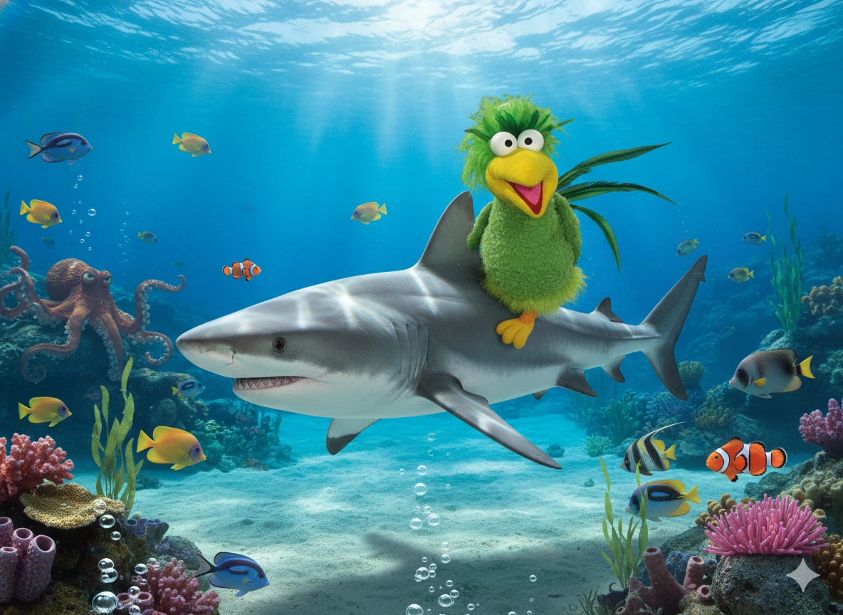 Clyde Bird riding a shark (Muppet Wiki stuff) | Fan art Fun Wiki | Fandom