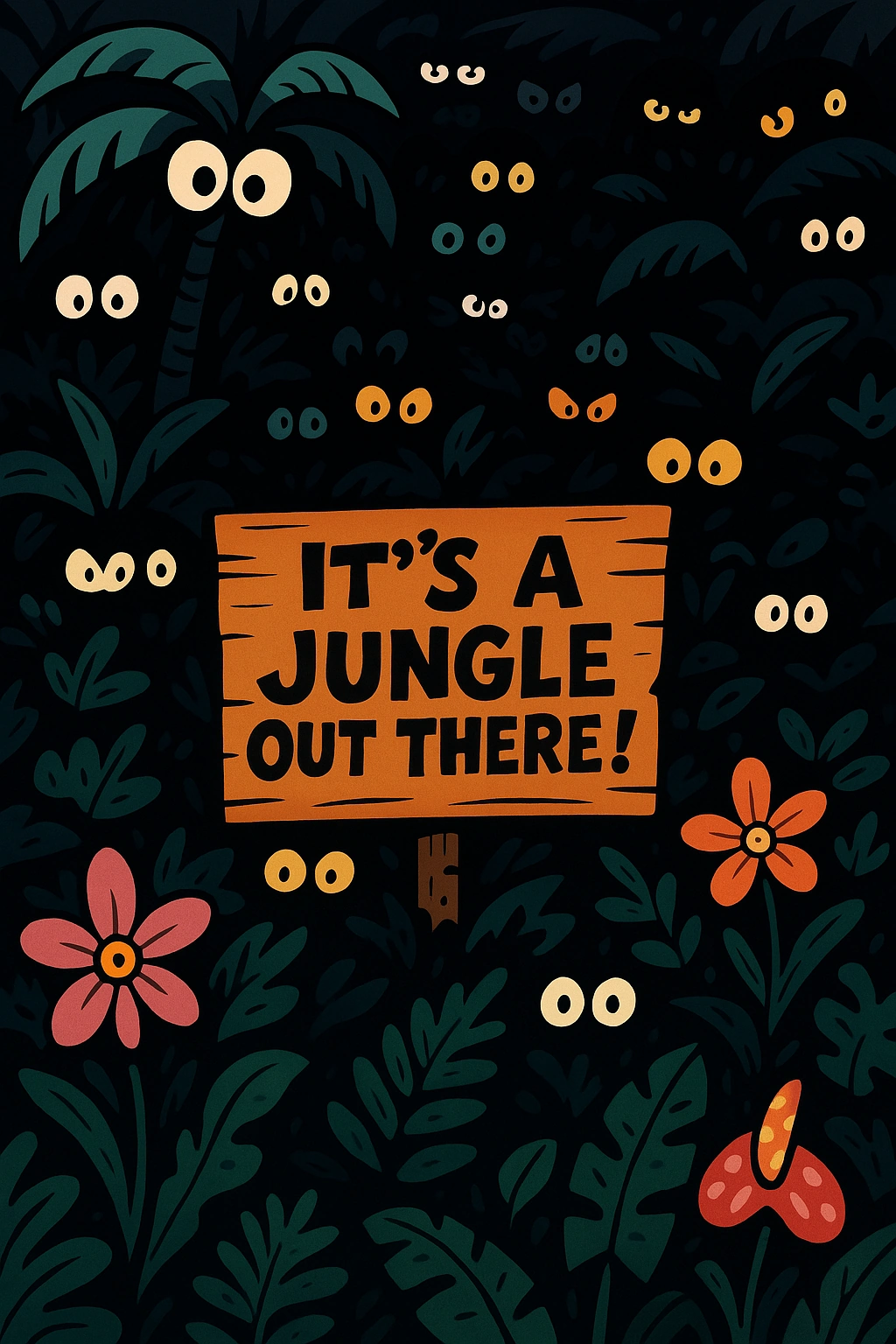 A cartoon illustration of the deep dark jungle with glowing eyes of the ...