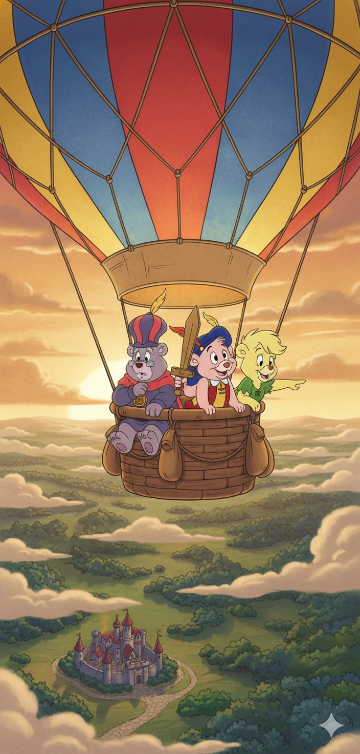 Zummi Gummi, Cubbi Gummi and Sunni Gummi are all sitting on the hot air ...