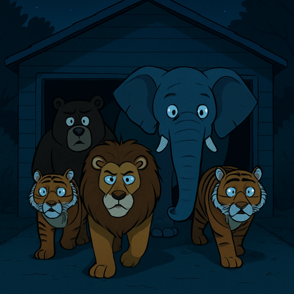 Lions, tigers, bears and elephants crept walk towards in the darkness night (Copilot AI stuff ...