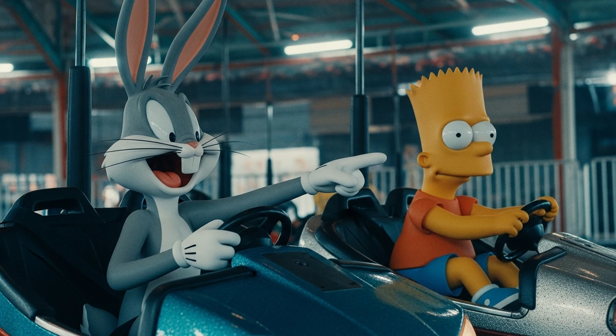 Bugs Bunny and Bart Simpson (The Simpsons) driving bumper cars in Coney ...