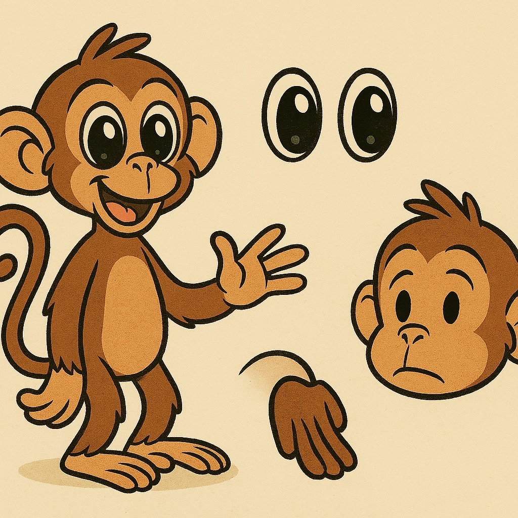 A cute cartoon model sheet featuring an animal character of a monkey ...