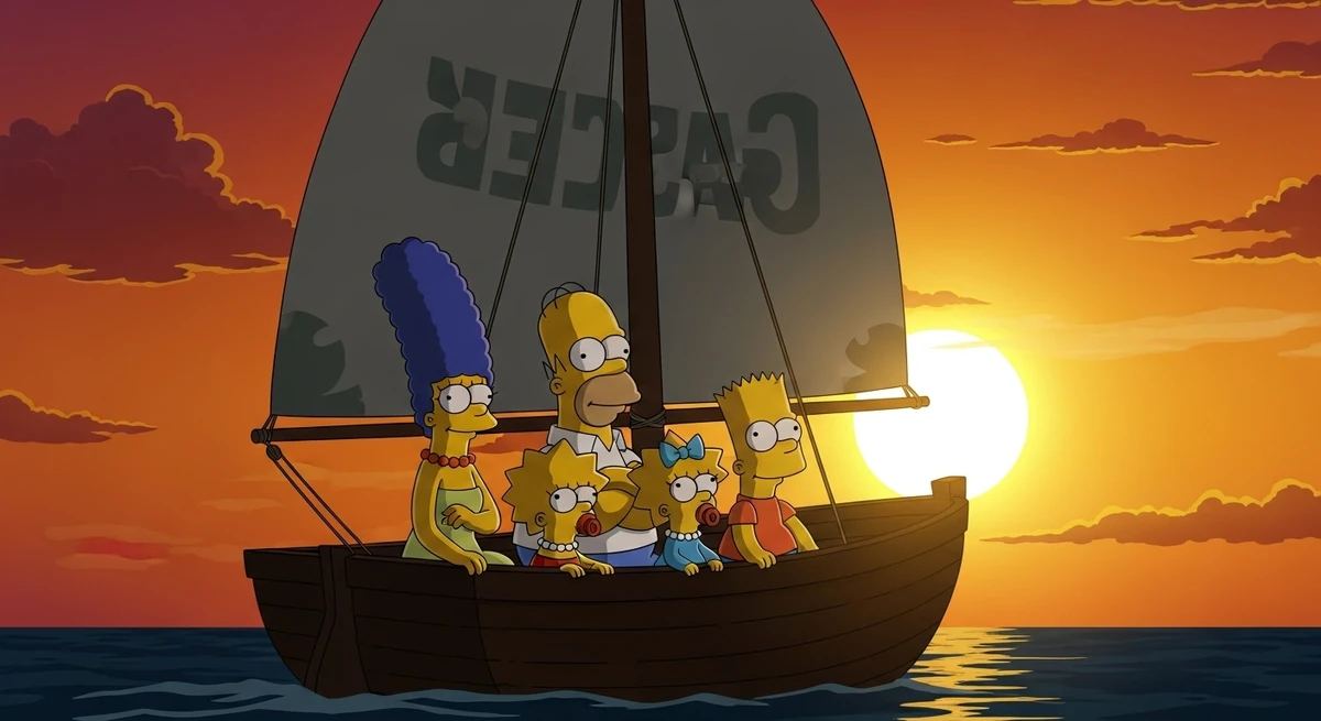 The Simpsons are riding in the boat to sees the sunset by ...