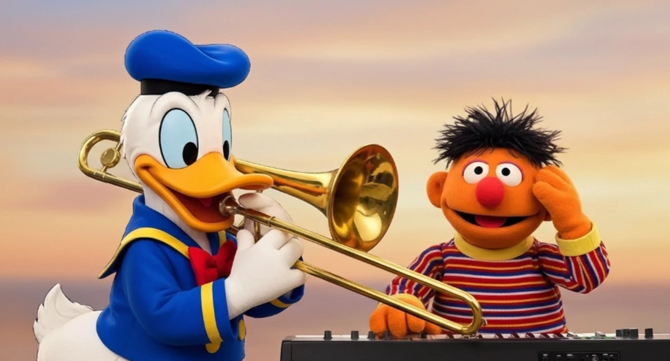 Donald Duck plays the trombone and Ernie plays the keyboard (AI version ...