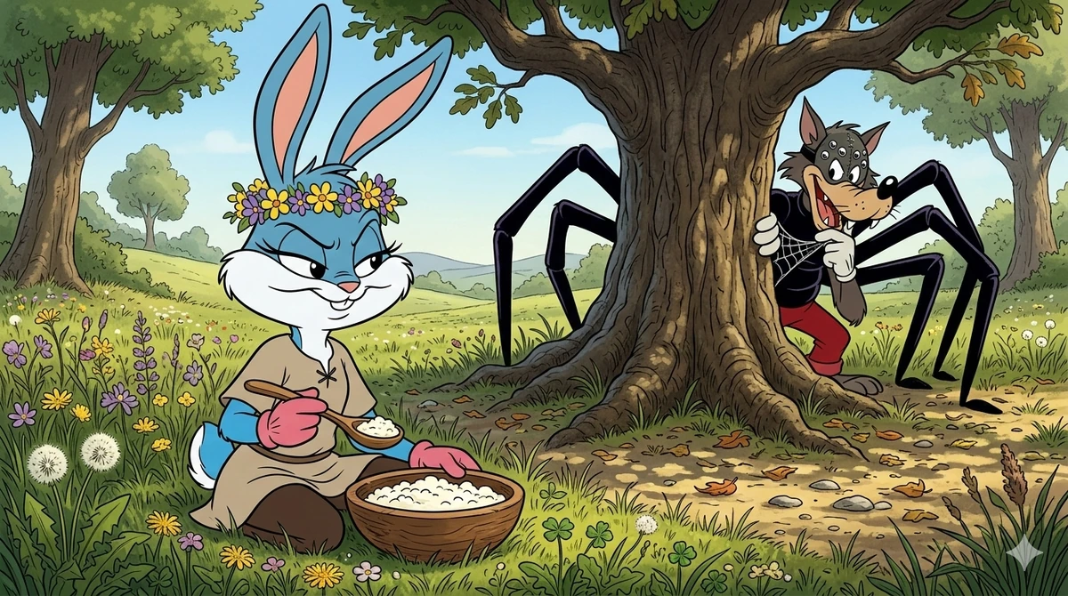 Jinxy the Rabbit as Little Miss Muffet and Wolfy as a spider (Gemini ...