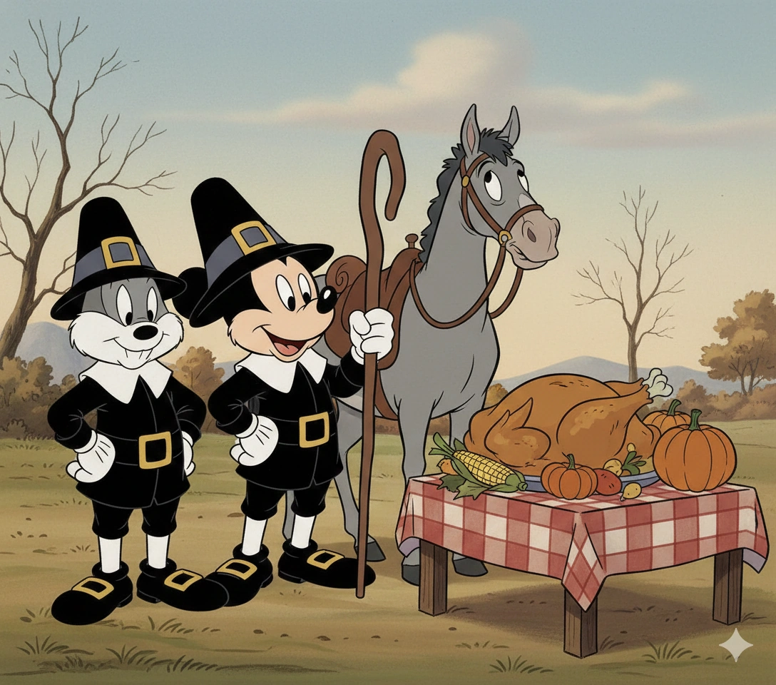 Pilgrim Mickey Mouse and Pilgrim Bugs Bunny preparing for a ...