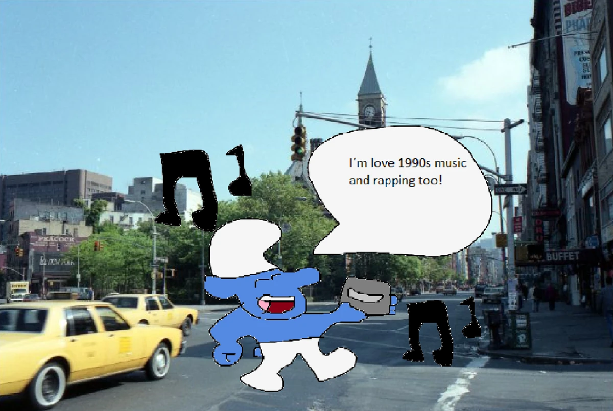 A smurf is listen to the music and is having a Sony Walkman by ...