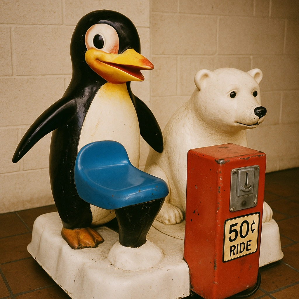A coin operated penguin and polar bear kiddie ride (Copilot AI stuff ...
