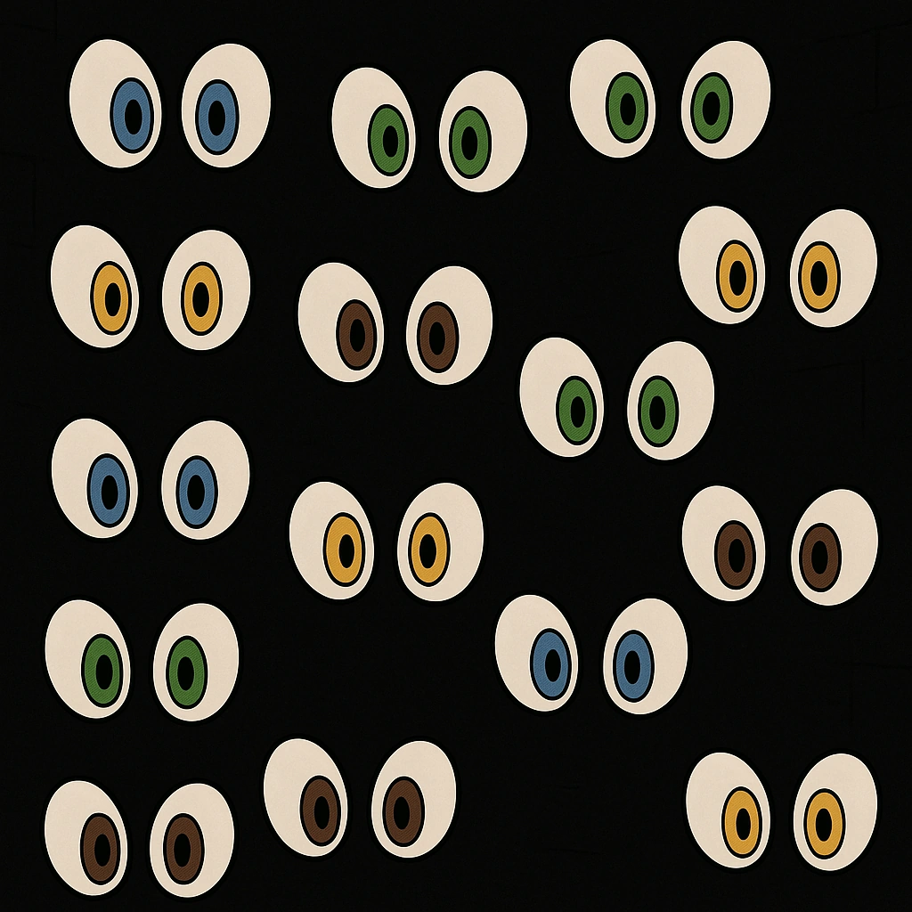 Many pairs of cat like teenager eyes glowing in the dark cartoon ...