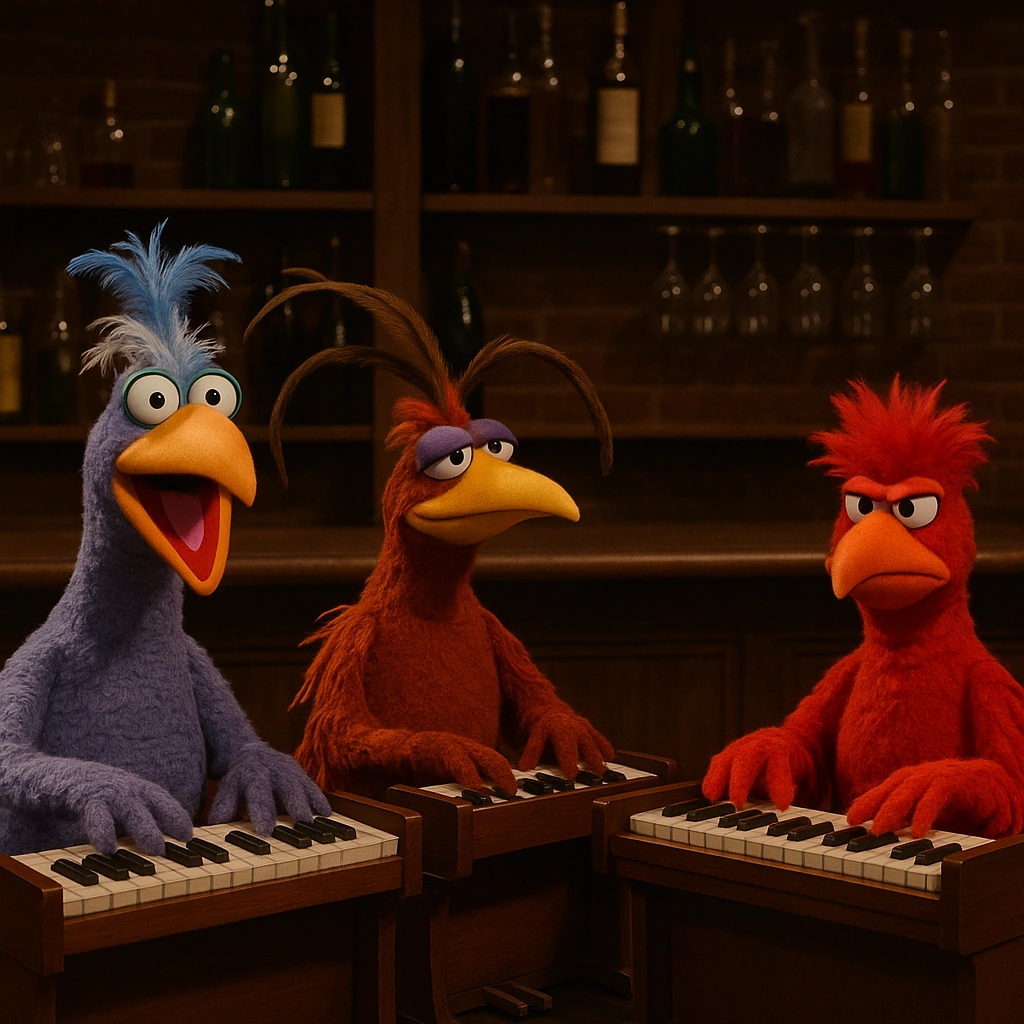 Mel Bird, Harvey Bird and Duke Bird playing pianos in the bar | Fan art ...