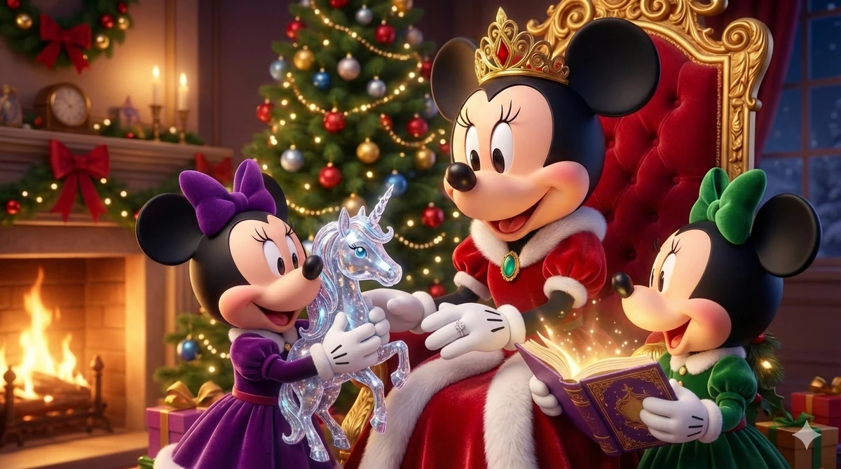 Queen Minnie with Millie and Melody at Christmas with a toy unicorn and ...