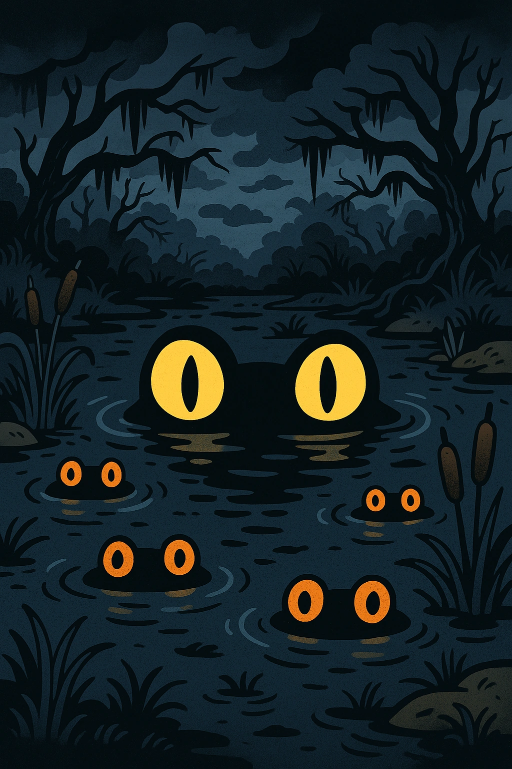 A cartoon spooky swamp background with frog eyes and crocodile eyes ...
