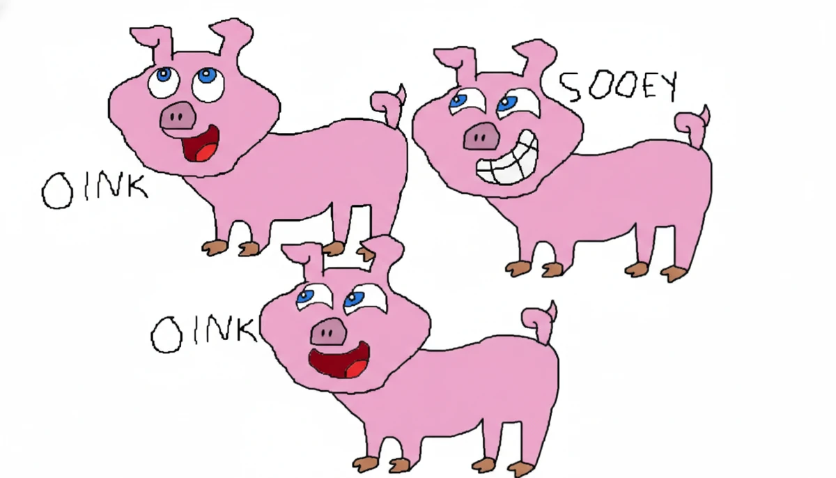 Three little pigs are saying oink, oink, sooey and make pig calling for ...