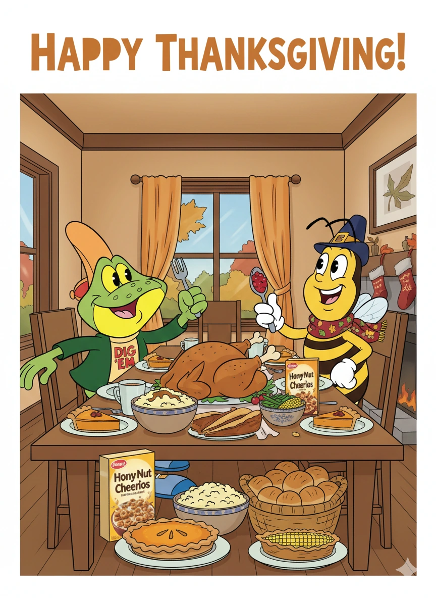 Dig 'Em Frog and Buzz the Honey Nut Cheerios Bee's Thanksgiving feast ...