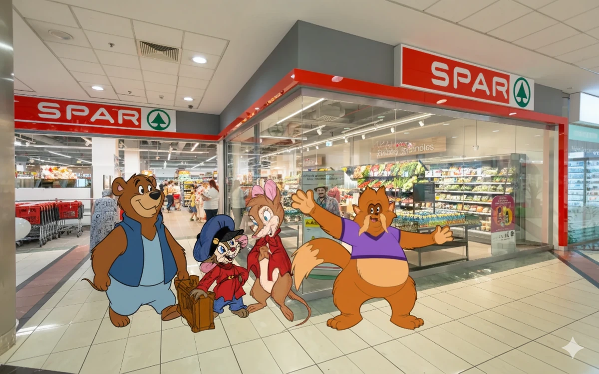 Barney Bear, Fievel, Mrs. Brisby and Tiger are walking in SPAR ...