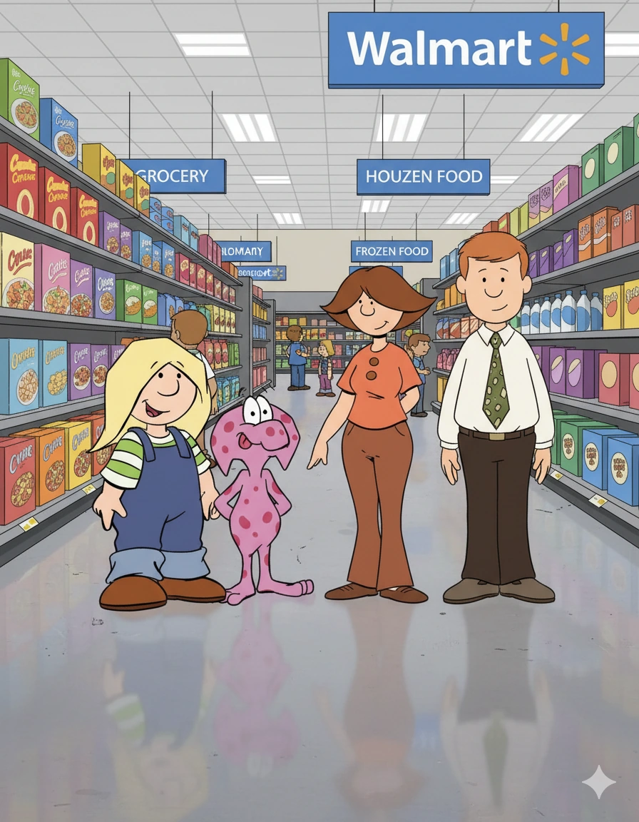Katie, Orbie, Wayne (Burnt Toast design) and Susan (Burnt Toast design) are walking in Walmart ...
