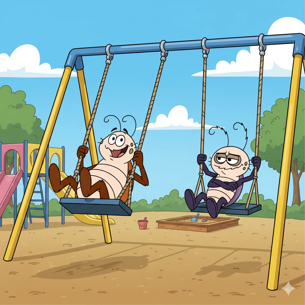 Rube Roach and Reg Roach are both swinging on their swings in the ...