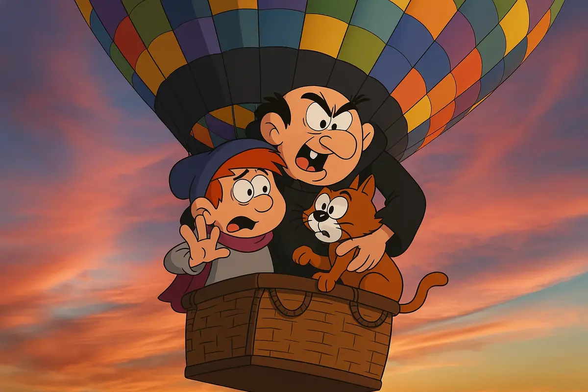 Gargamel, Azrael and Scruple are all riding in the hot air balloon to ...