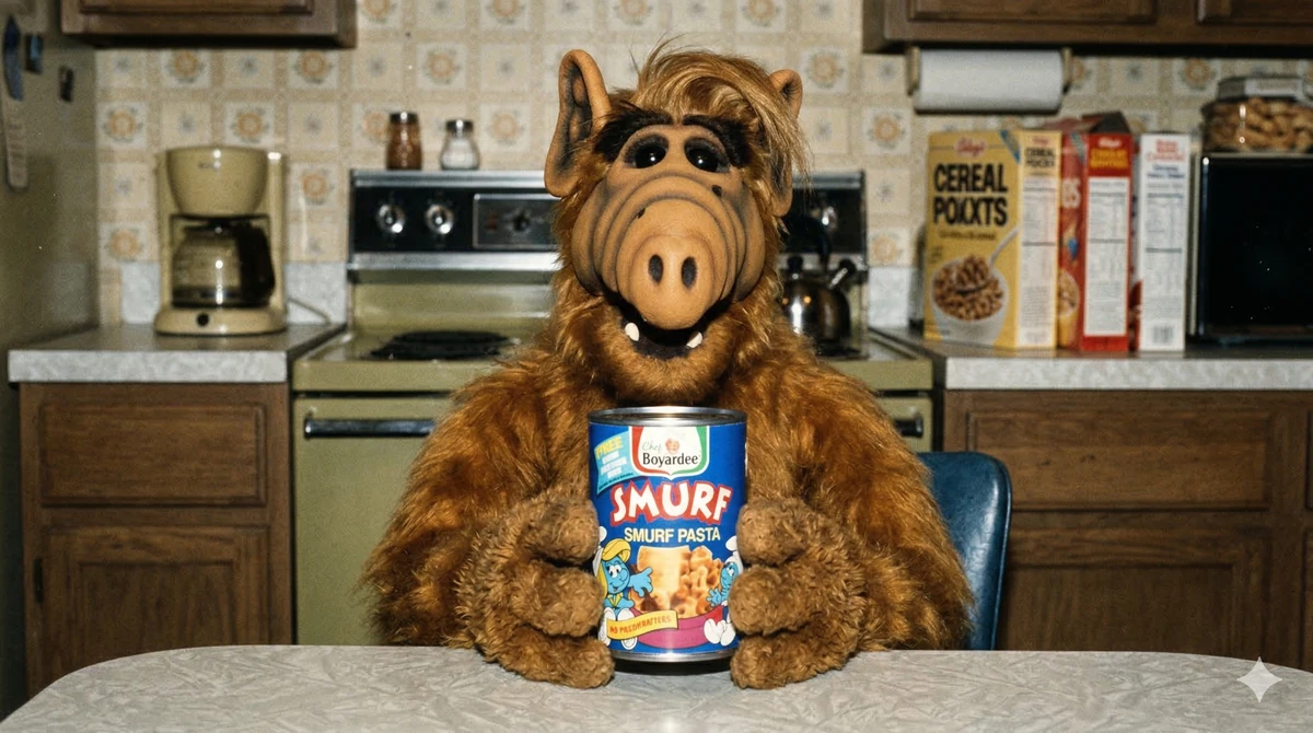 ALF is holding Smurf Pasta (Chef Boyardee) can (1987) (Gemini stuff ...