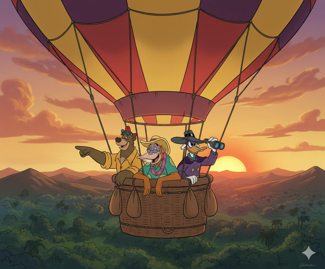 Baloo, Louie and Darkwing Duck are all sitting on the hot air balloon ...