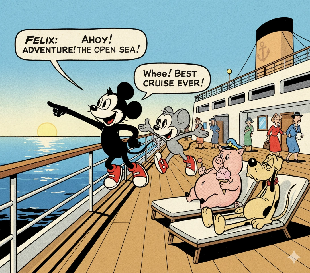 Felix the Cat, Skiddoo, Pokey Pig and Flub the Pup in the Cruise Ship ...