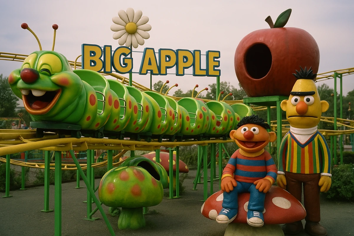 Big Apple themed Wacky Worm Roller coaster ride with Ernie and Bert ...