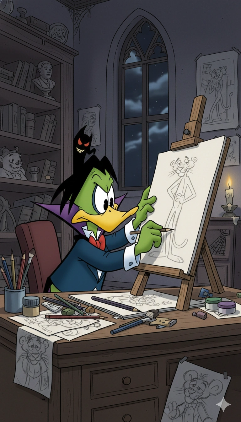 Count Duckula is in the office sketch and drawing The Pink Panther ...