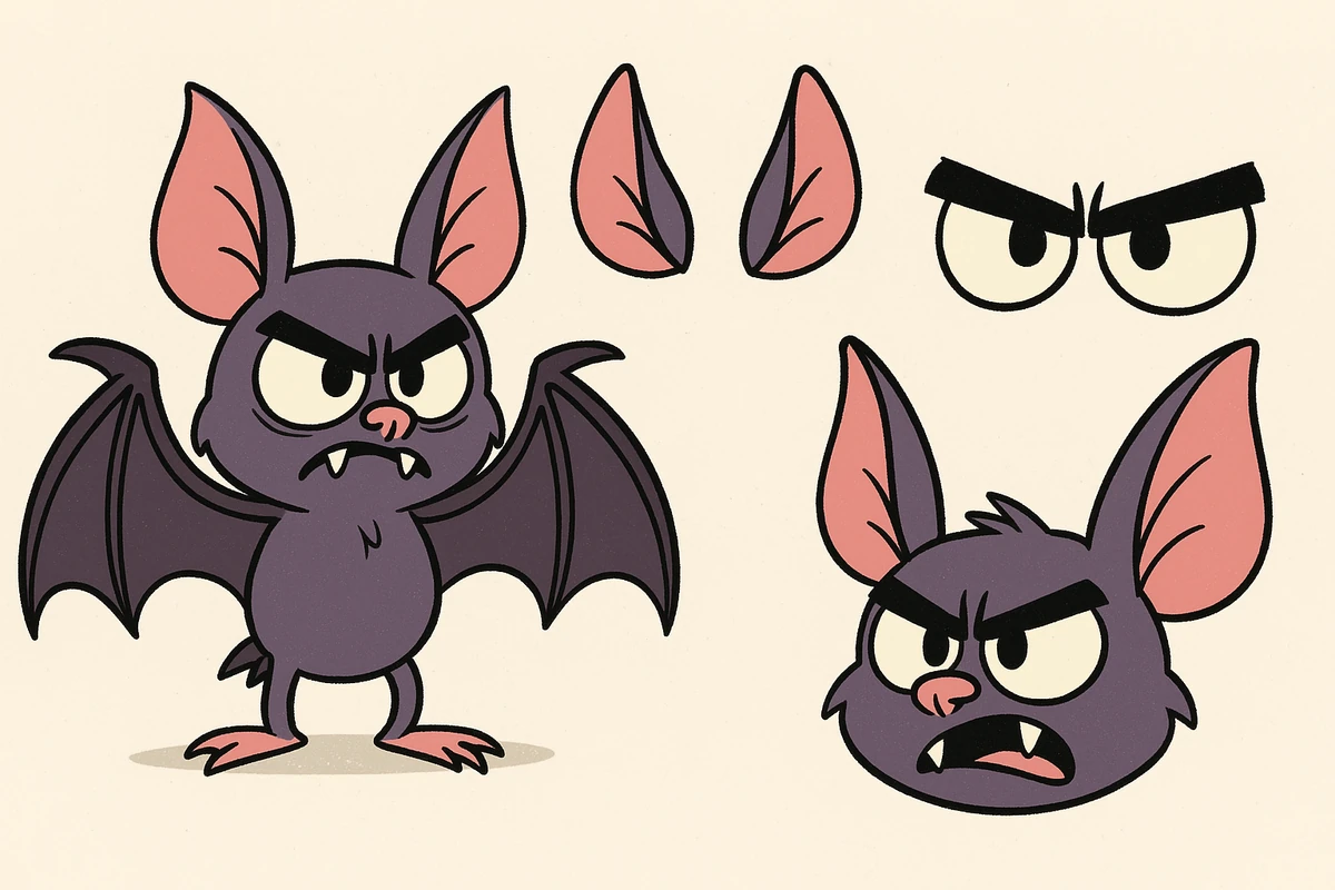 A cartoon model sheet featuring an animal character of a belfry bat ...