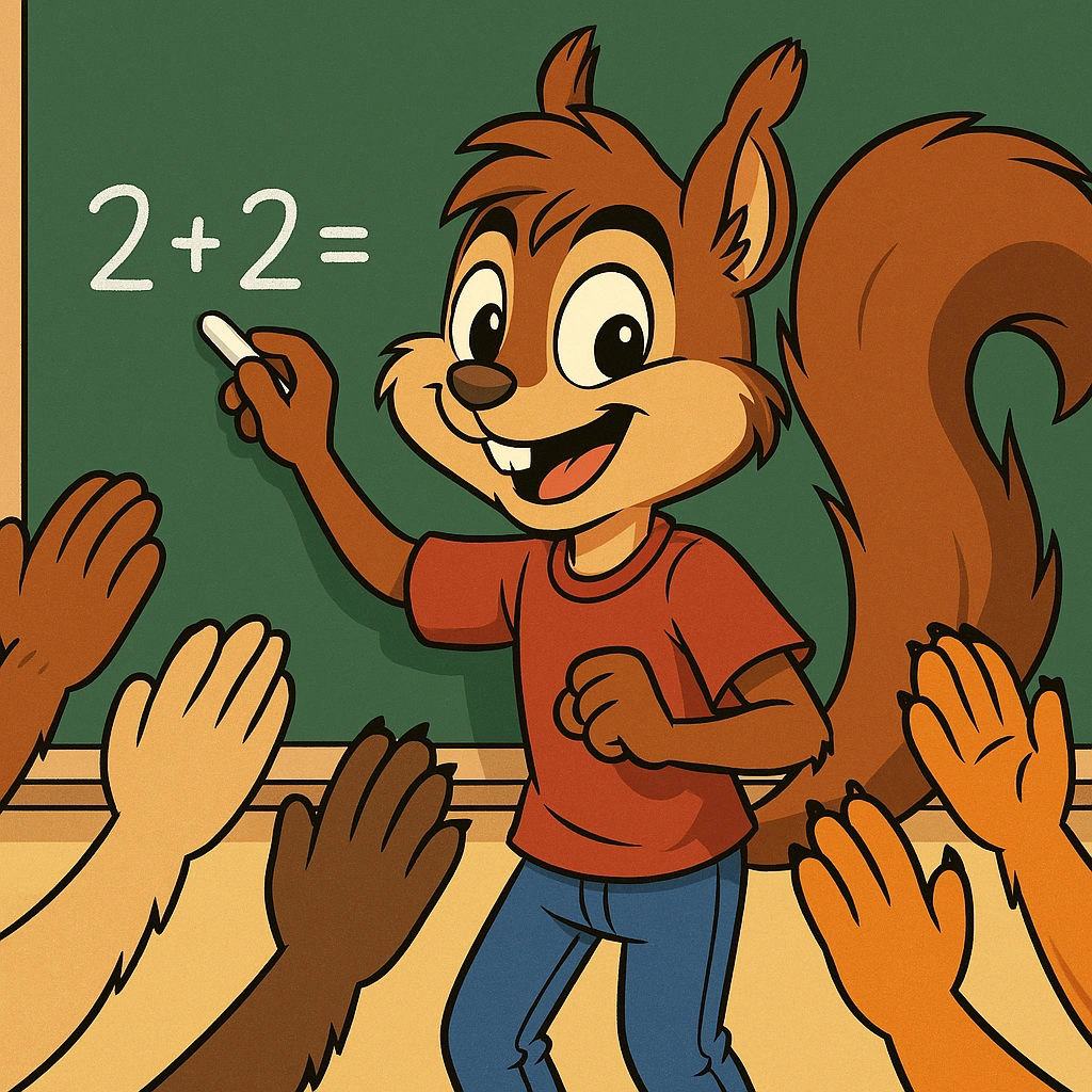 Teen squirrel studies with clapping teen animals cheered (Copilot AI ...