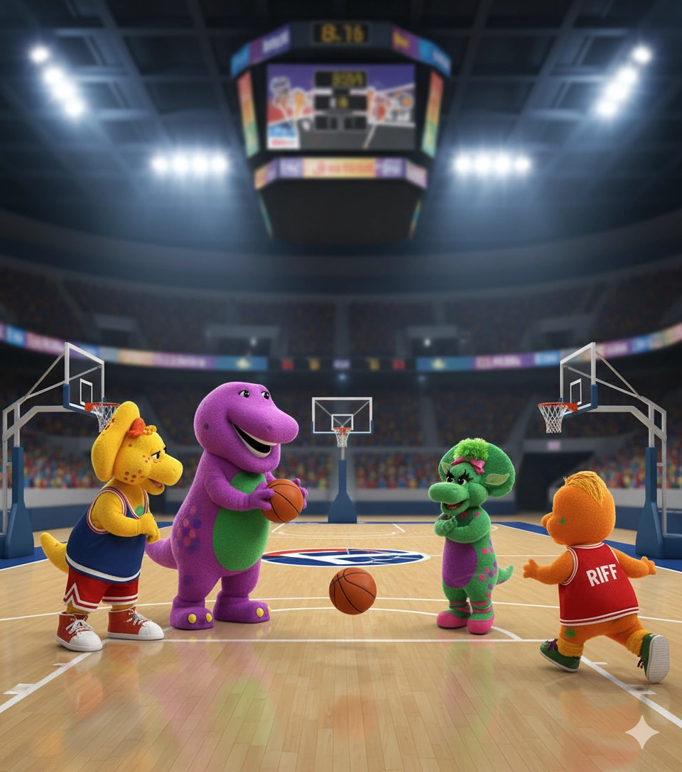 Barney, BJ, Baby Bop and Riff are all playing in basketball arena ...