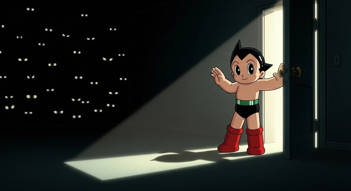 Astro Boy with Metro City characters eyes in the dark doorway by ...