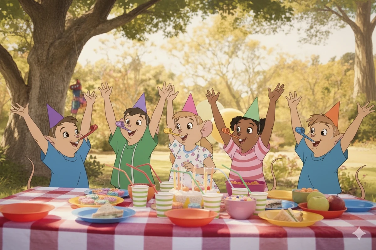 Kids having birthday party in the style of The Secret of NIMH 2: Timmy ...