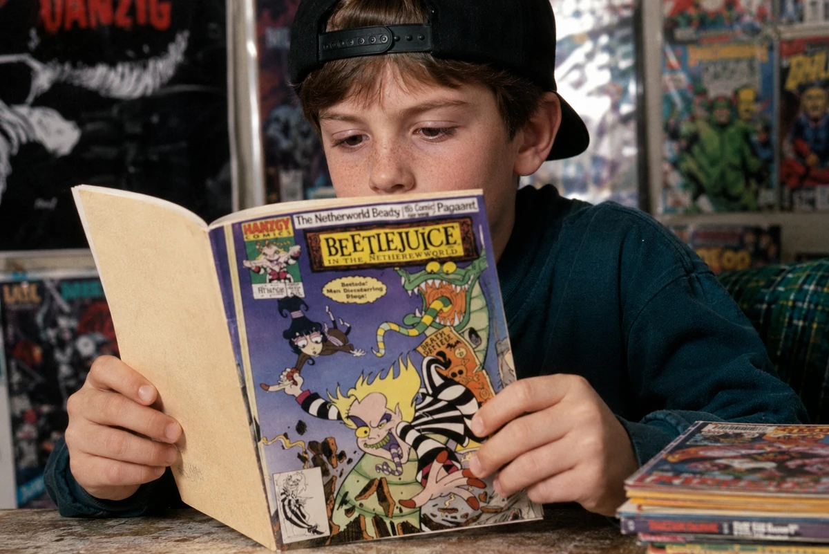 A kid is reading Beetlejuice comic book (Harvey Comics) (photographer ...