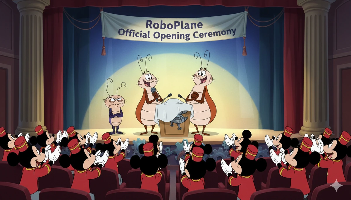 Rube Roach and Reg Roach on stage are opening ceremony of RoboPlane ...