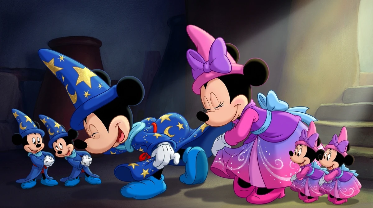 Sorcerer Mickey and Sorcereress Minnie dancing with Sorcerer Morty and ...