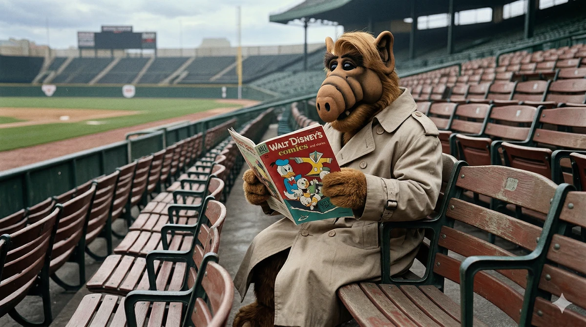ALF is reading Walt Disney's Comics and Stories comics at the stadium ...