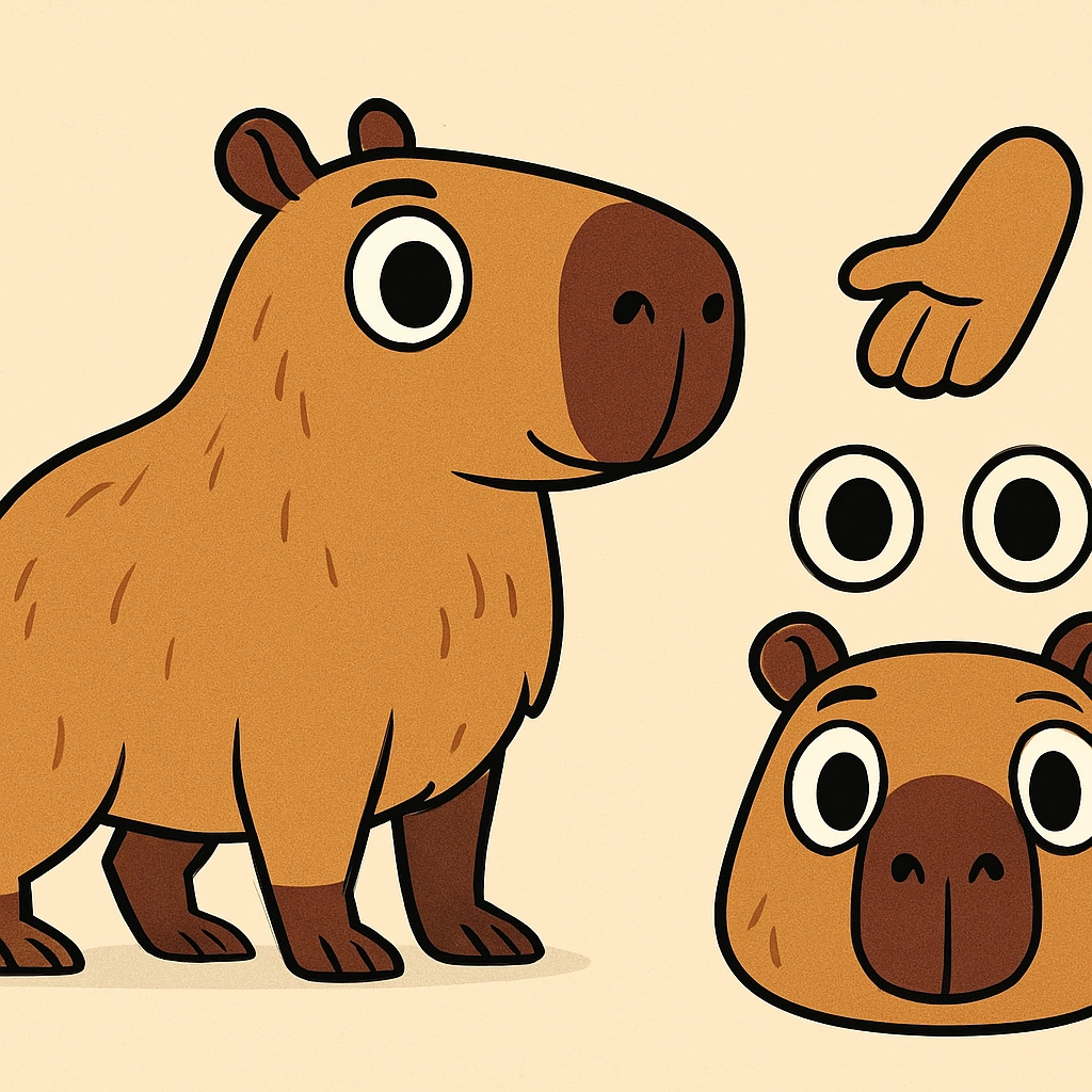 A cartoon model sheet featuring an animal character of a capybara ...