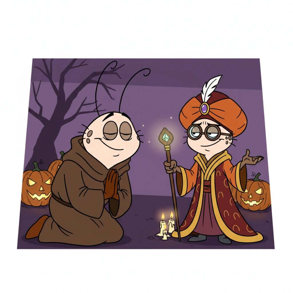 Rube Roach bowing down and prayer to Reg Roach (dressed as guru) in ...