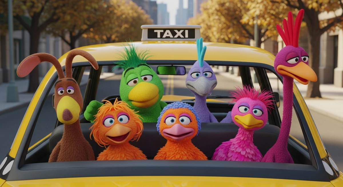 Harvey Clyde Doris Shirley Mel and Duke Birds are riding on a taxi cab ...