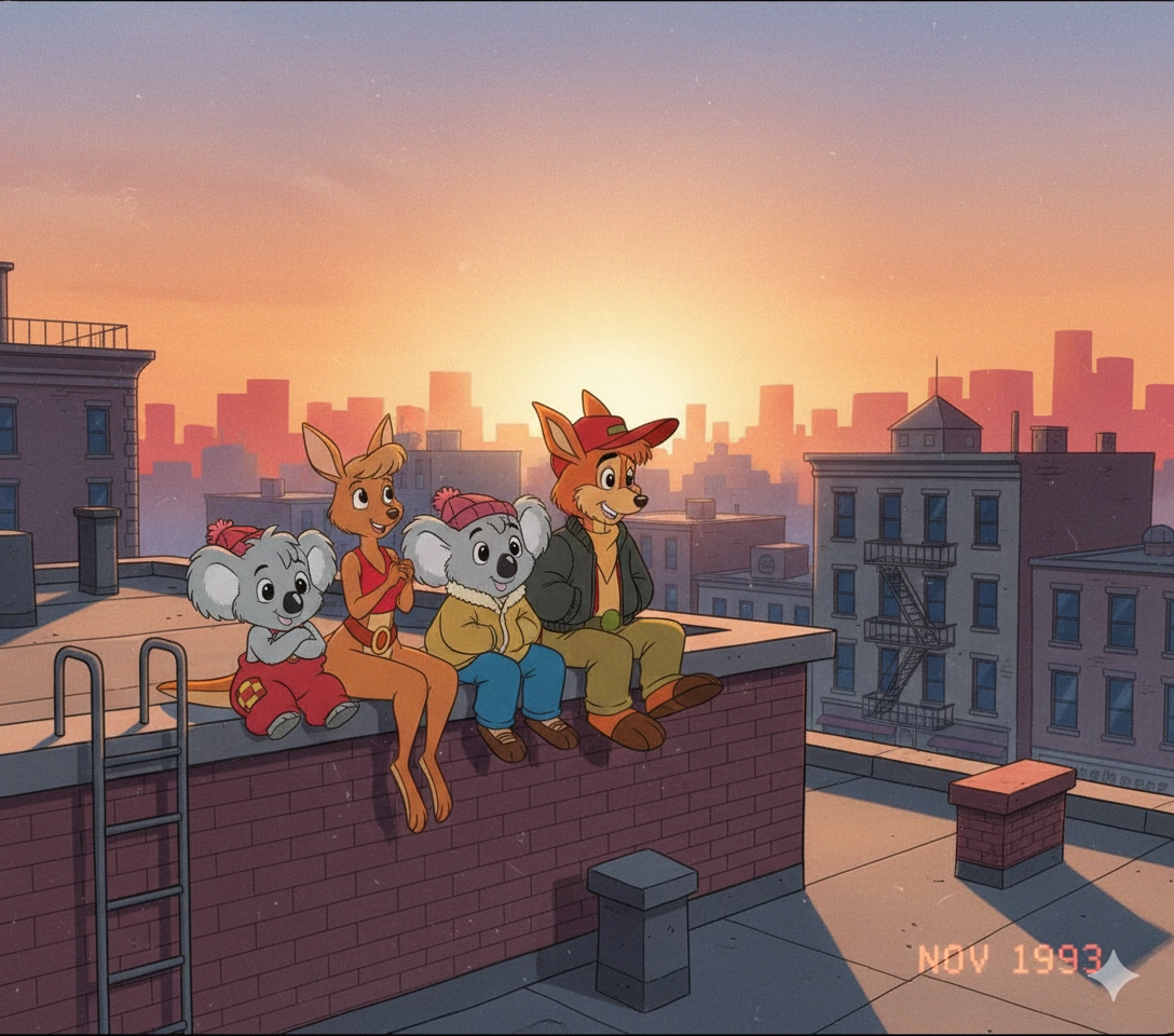 Skippy, Matilda Roo, Pos and Blinky Bill are all sitting on the roof to ...