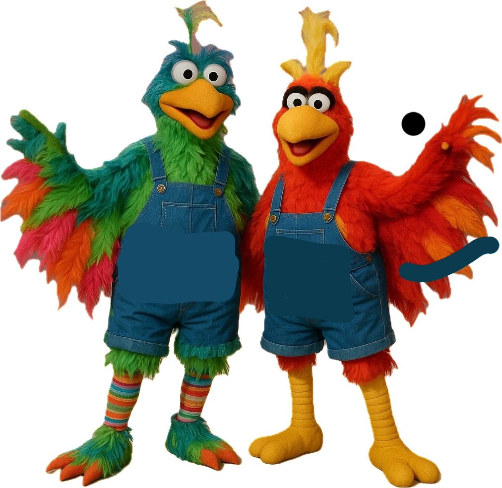 Fletcher Bird and Betsy Bird wore overalls with square things on their ...