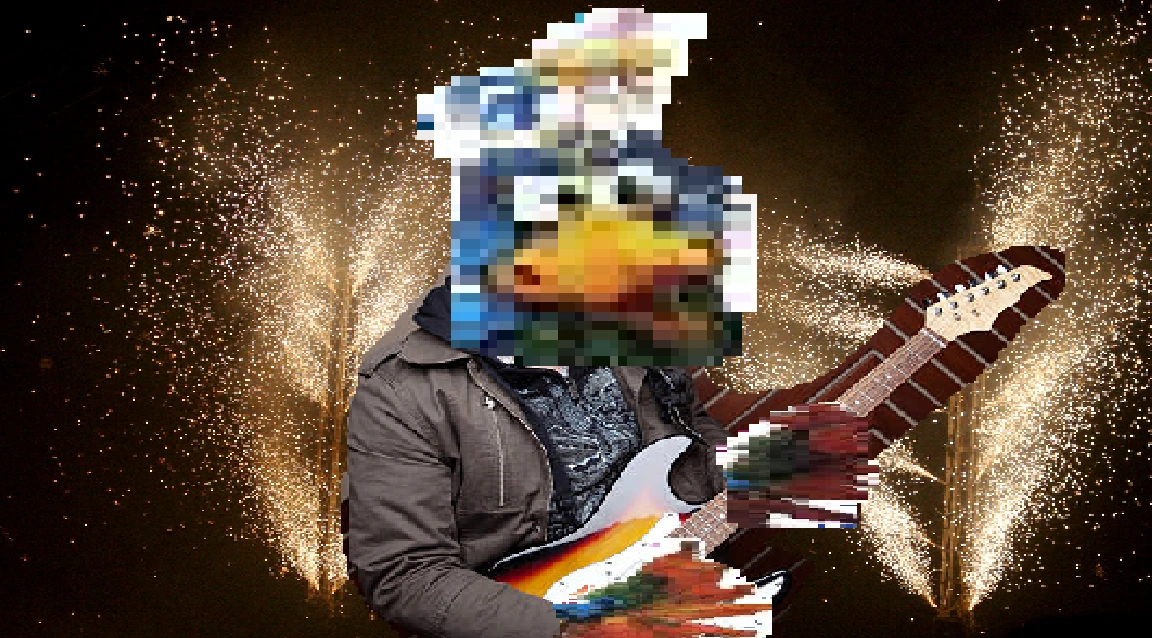 Fletcher Bird as a rockstar, shredding on a guitar with pyrotechnics in ...