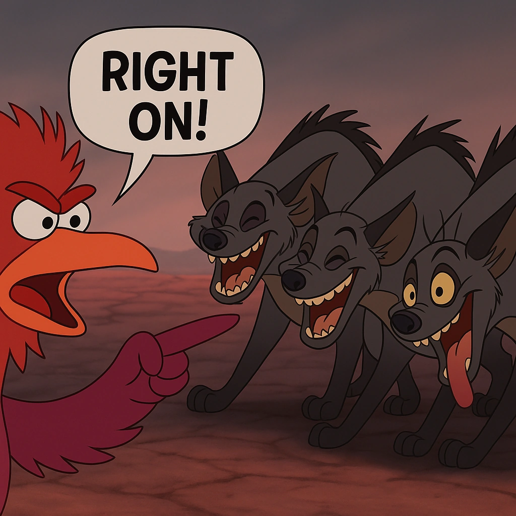 Duke Bird yells Right on at the hyena laughing | Fan art Fun Wiki | Fandom