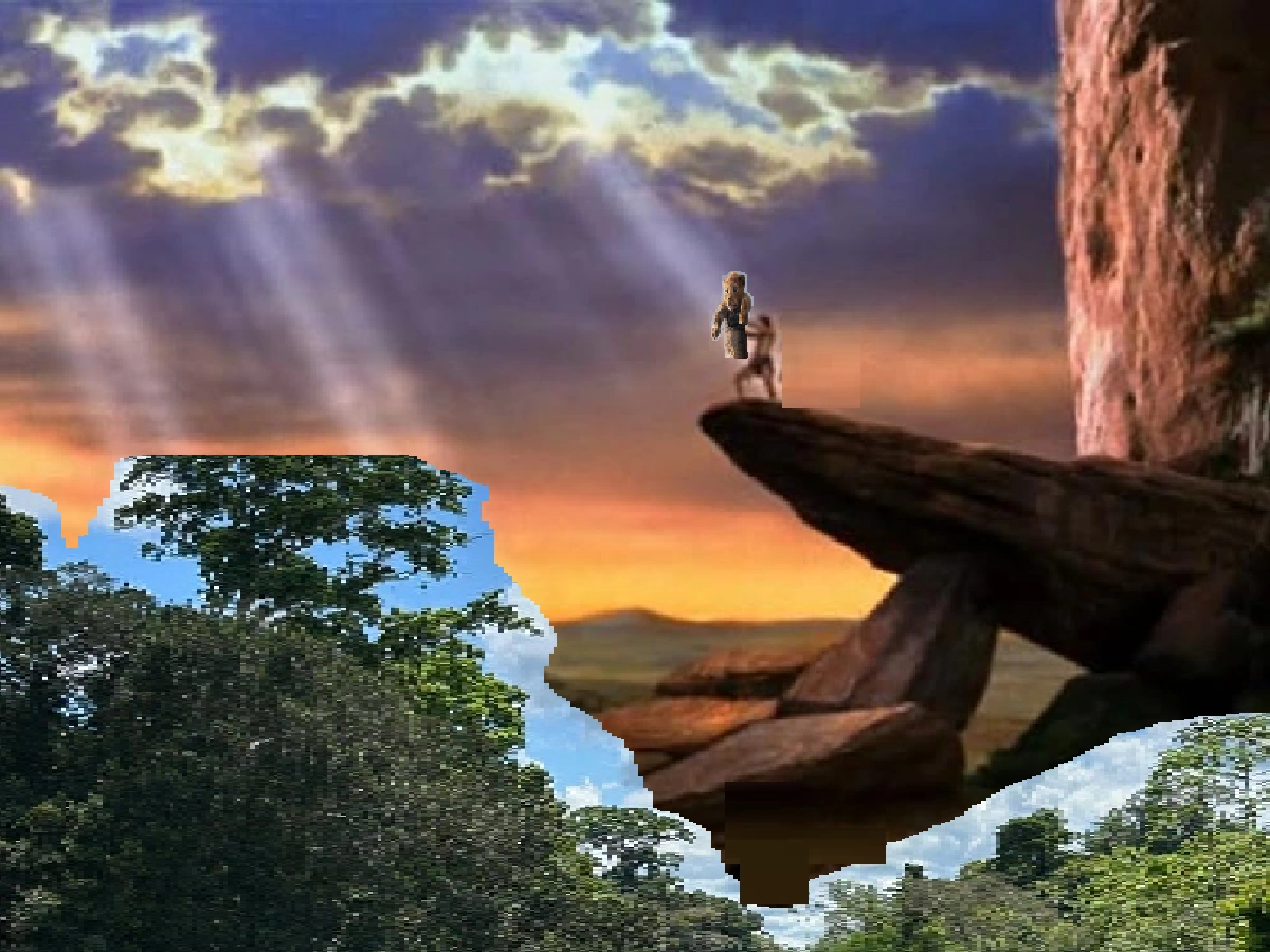 Tarzan Standing on Pride Rock Holding Baby Simba Up in Jungle ...