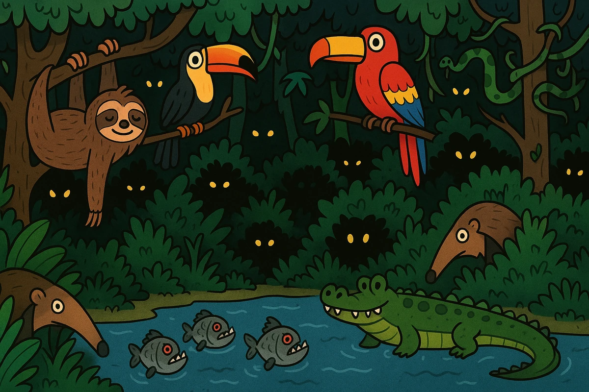 A cartoon scary background of the Amazon rainforest with animals ...