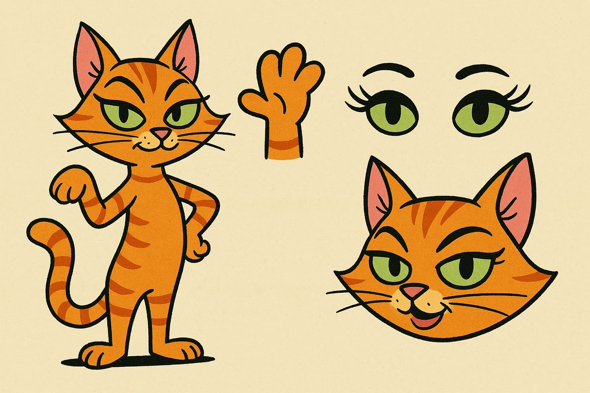 A cartoon model sheet featuring an animal character of a sassy cat ...