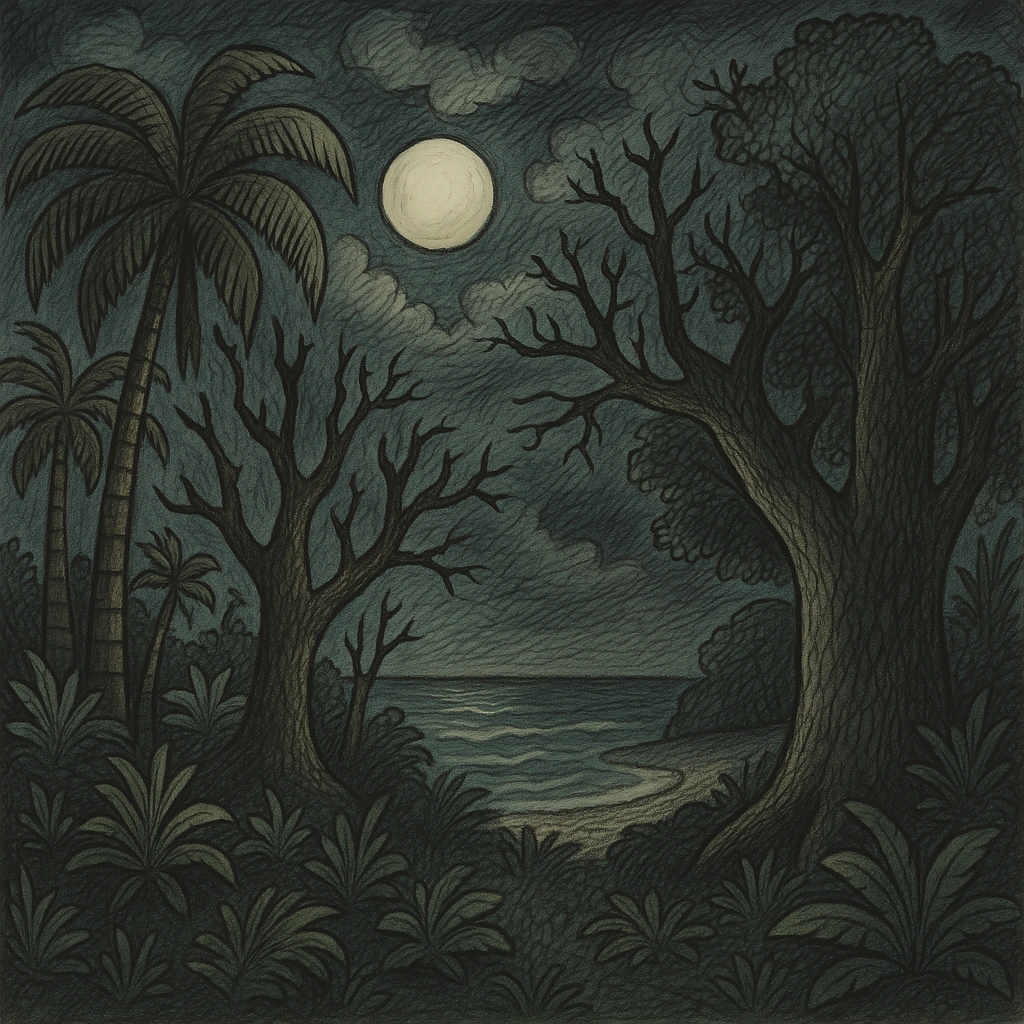 A cartoon spooky jungle woodland forest and sea background (style of Maurice Sendak's Where the ...