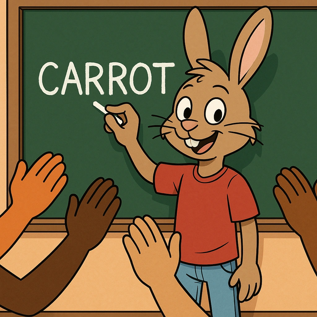 Teen rabbit studies with clapping teen animals cheered (Copilot AI ...